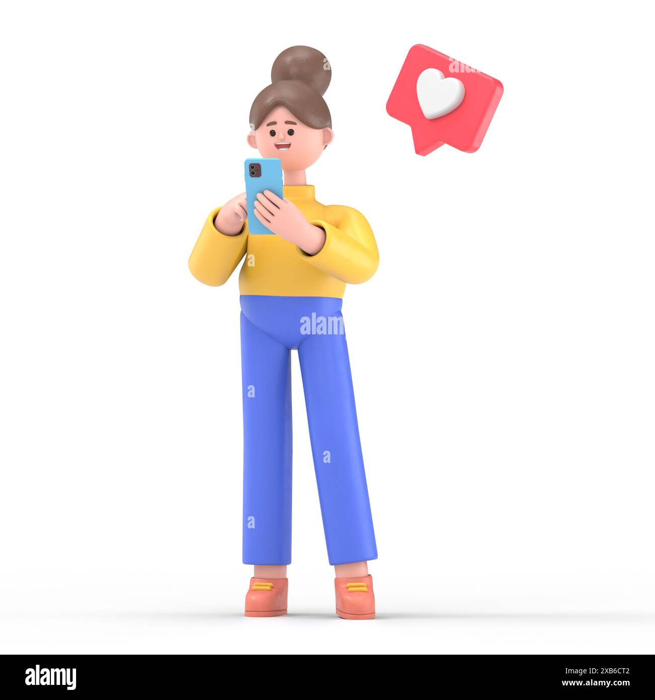3D illustration of businessman smiling at her phone. Female character ...
