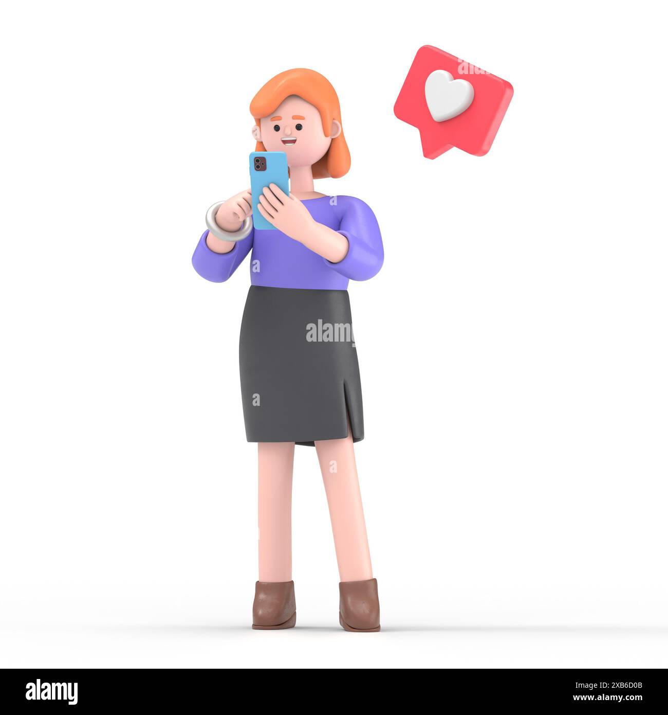 3D illustration of businessman smiling at her phone. Female character ...