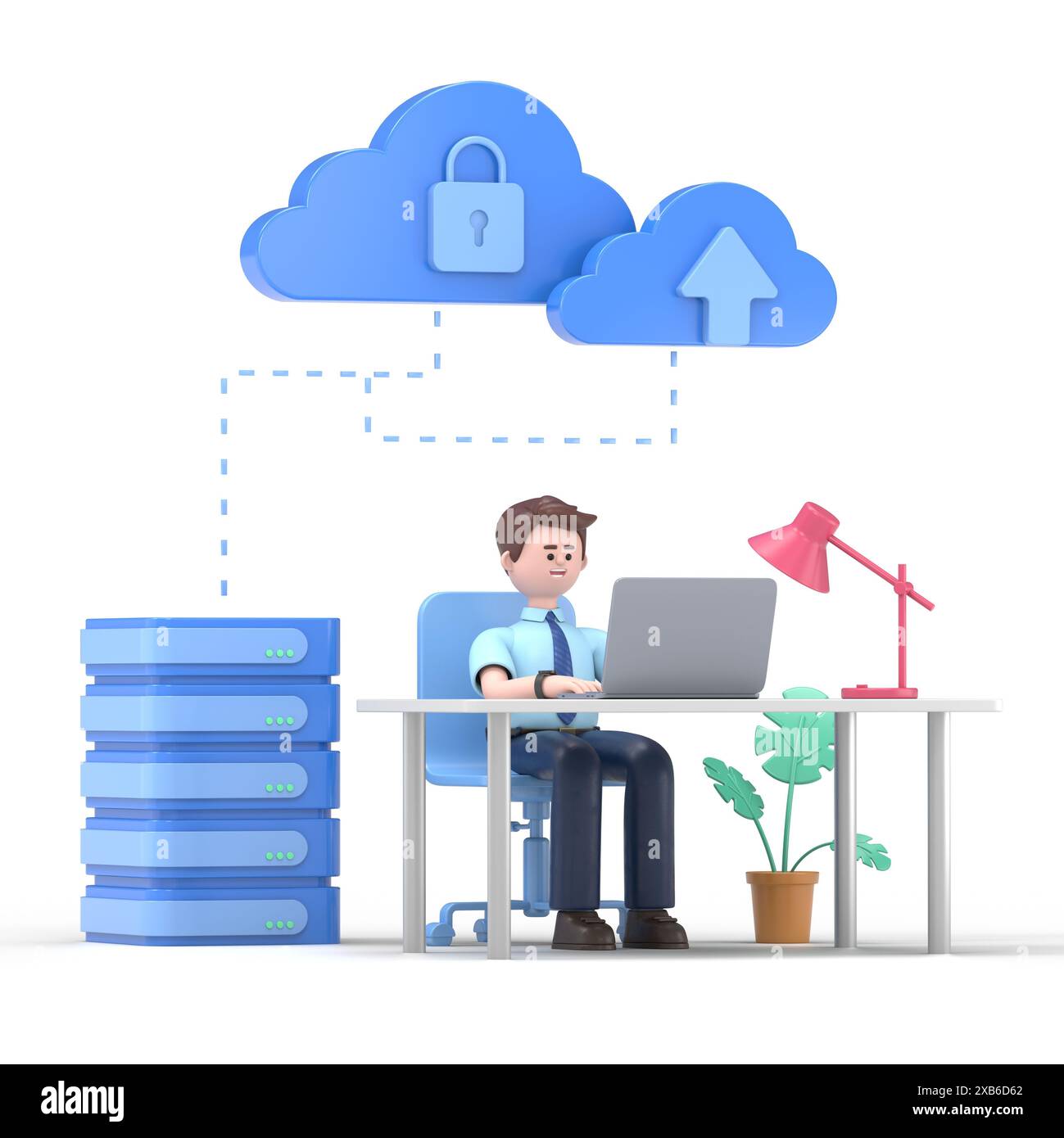 3D illustration of businessman.Cloud computing concept set. Cloud service server for storing and ...