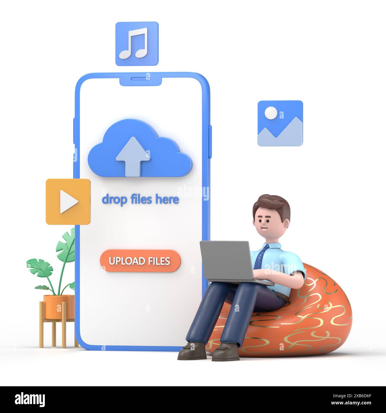 3D illustration of businessman.Cloud system, file download, database ...