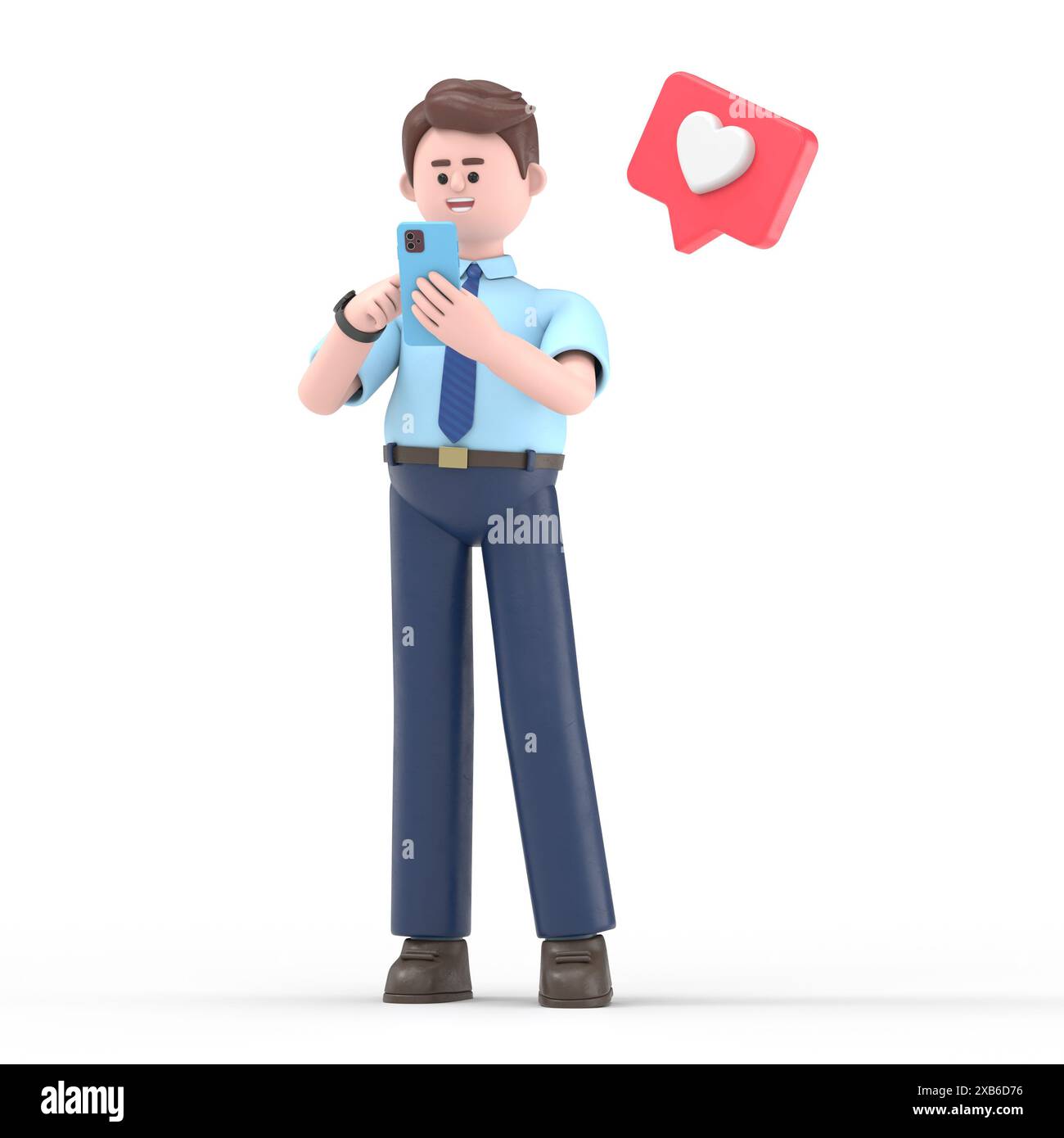 3D illustration of businessman smiling at her phone. Female character ...