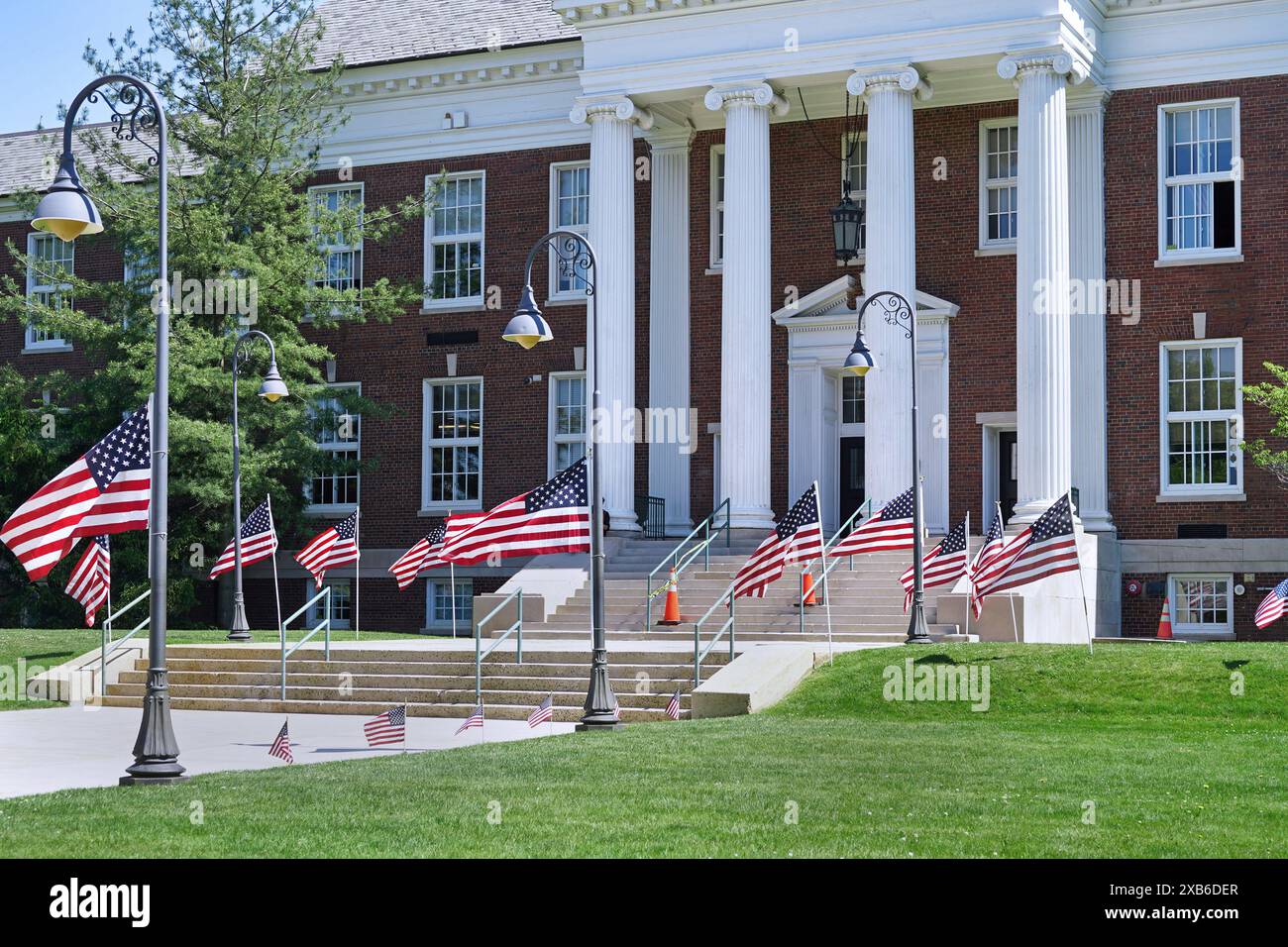 School building decorated with American flags for Memorial Day Stock ...