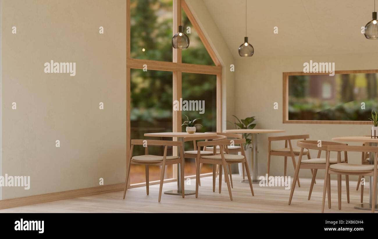 The interior design of a cozy, minimalist restaurant or coffee shop ...