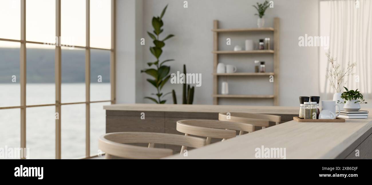 A close-up image of a wooden counter bar with stools in a modern ...