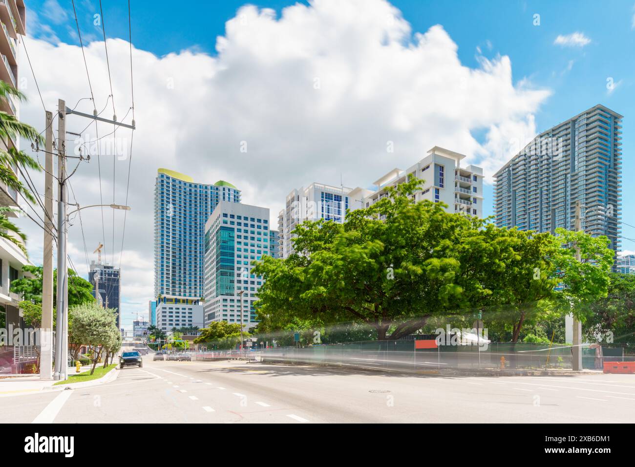 View down city street. Miami, Florida, USA Brickell. Highrise towers ...