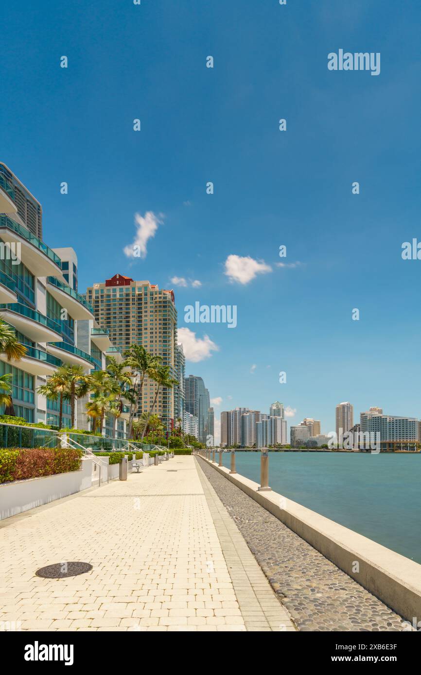 Walkway in Brickell Miami. View of waterfront buildings. Summer in ...