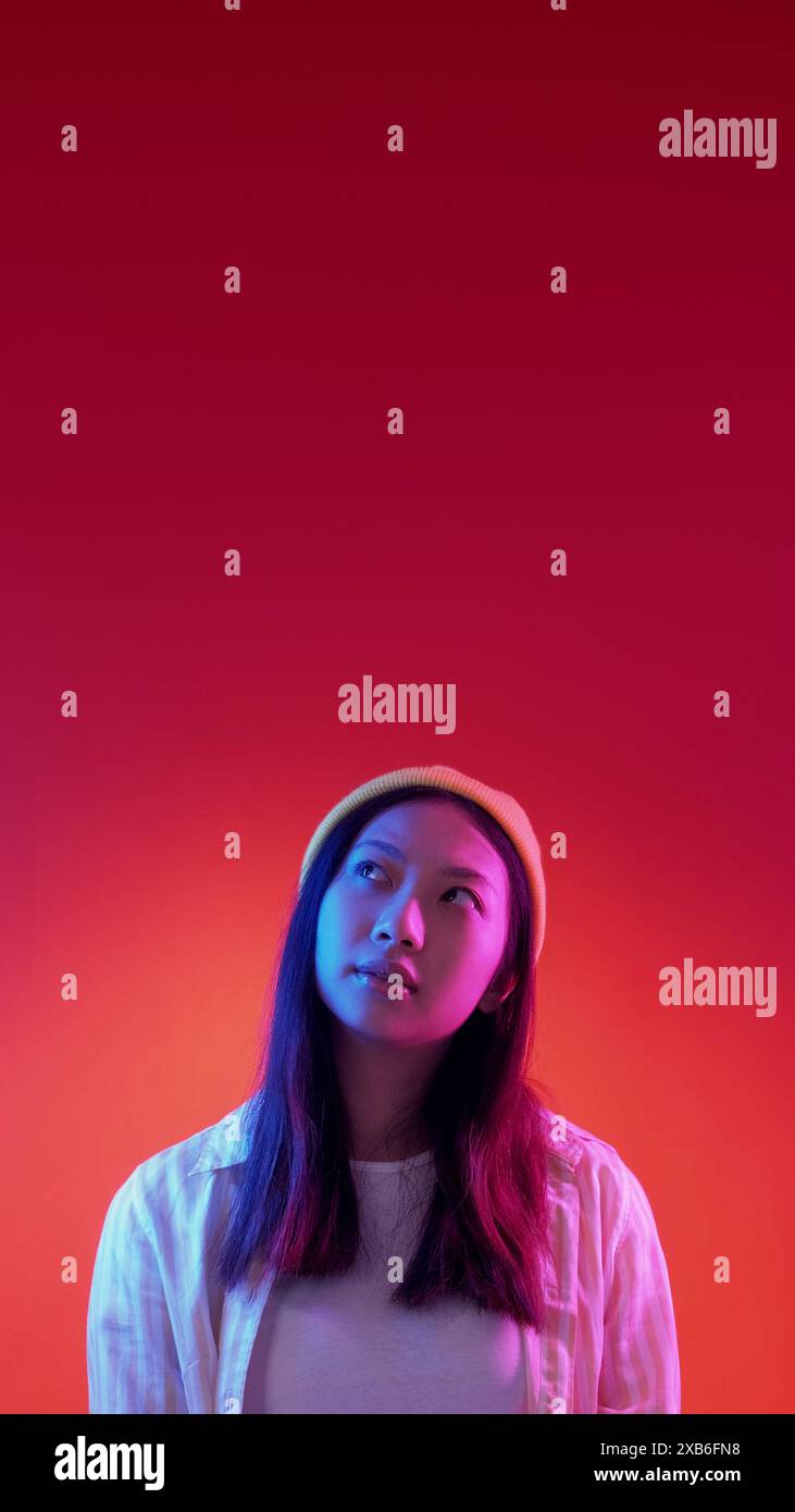 Confusing offer. Choosing solution. Blue pink color neon light puzzled ...