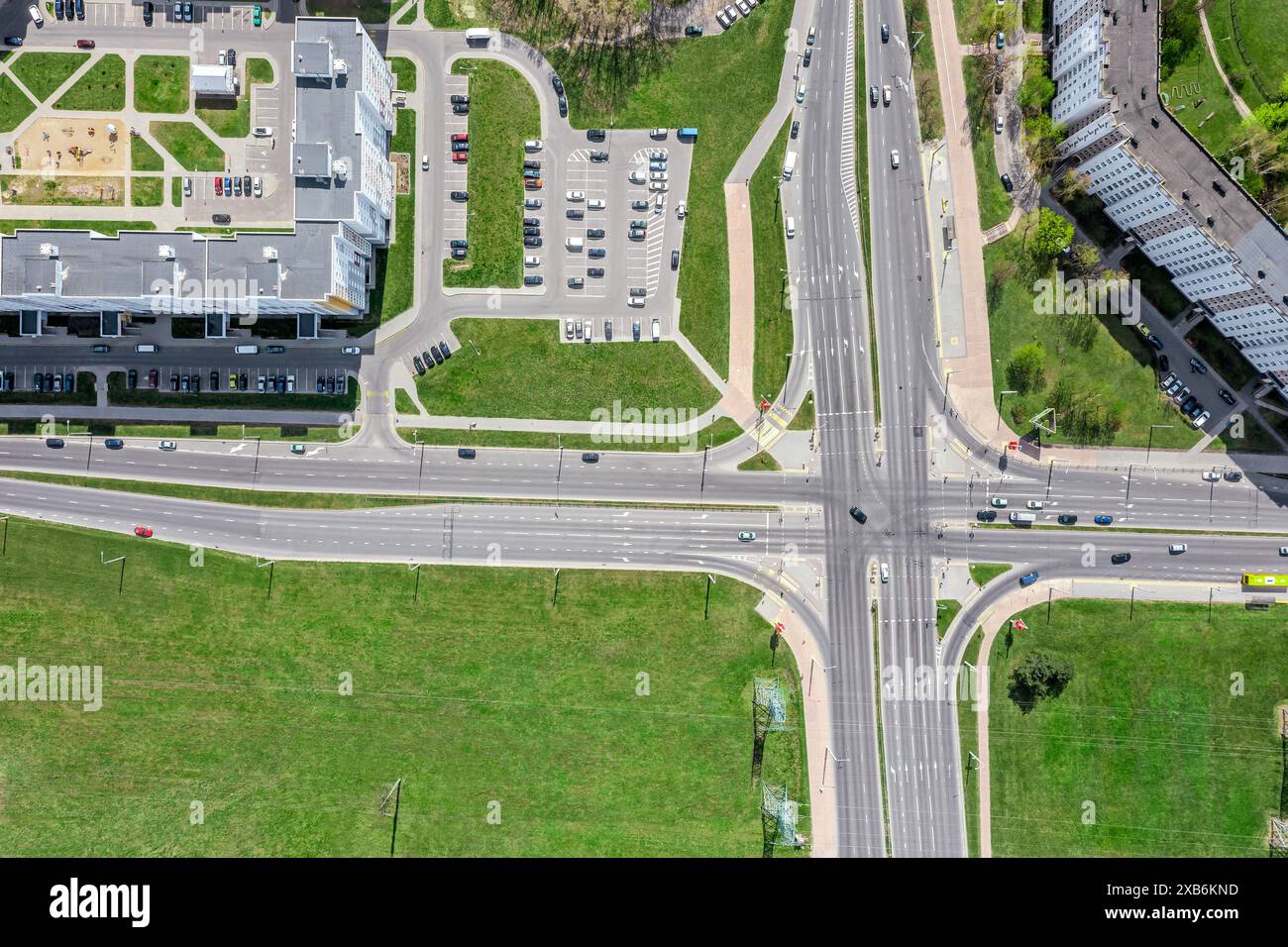 city roads intersection in residential area. aerial top view of ...
