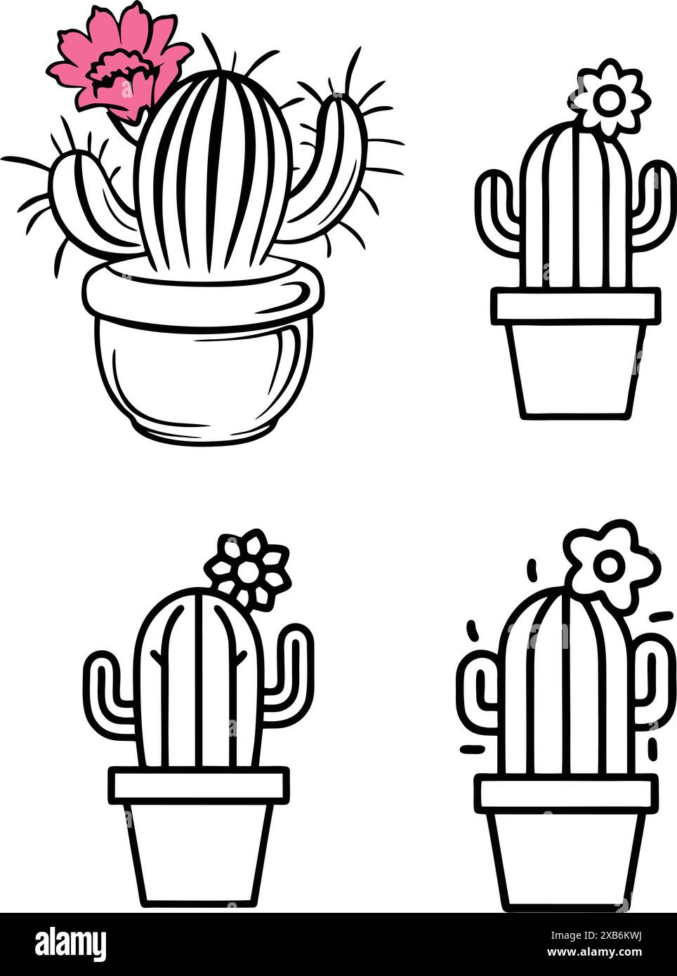 Simple Stylized Line Drawing of a Flowering Cactus Illustration in Pot ...