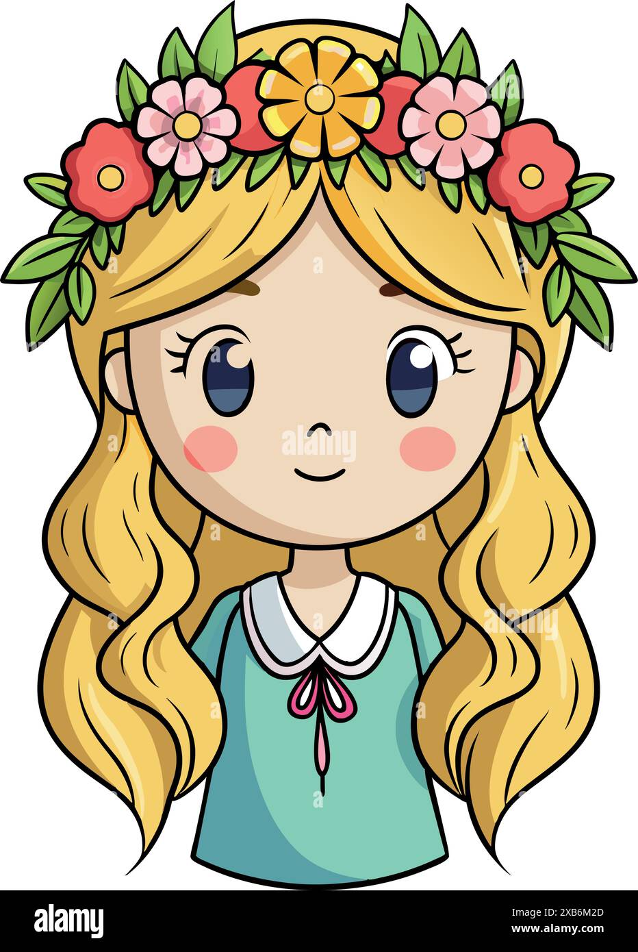Cute Blonde Girl In A Wreath Of Flowers Vector Illustration Stock