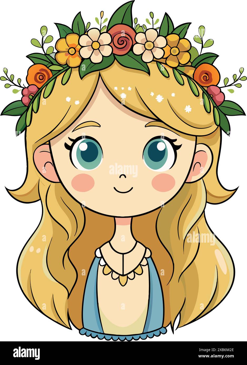 Cute Blonde Girl In A Wreath Of Flowers Vector Illustration Stock
