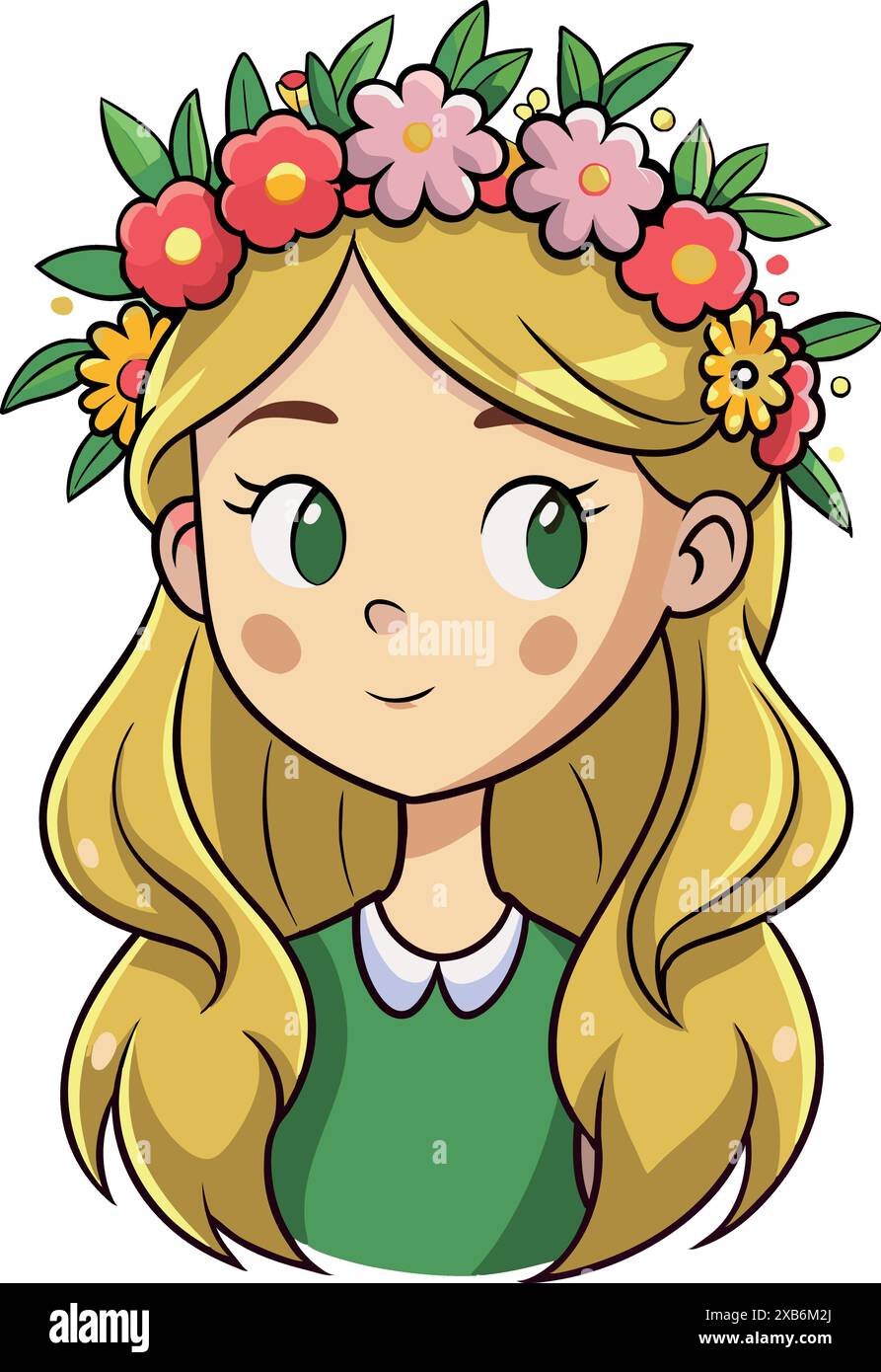 Cute Blonde Girl In A Wreath Of Flowers Vector Illustration Stock