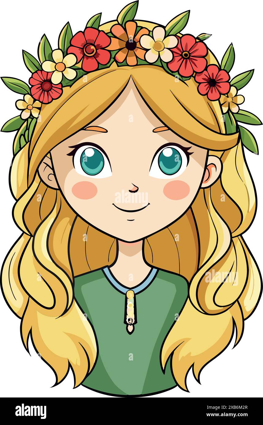 Cute Blonde Girl In A Wreath Of Flowers Vector Illustration Stock
