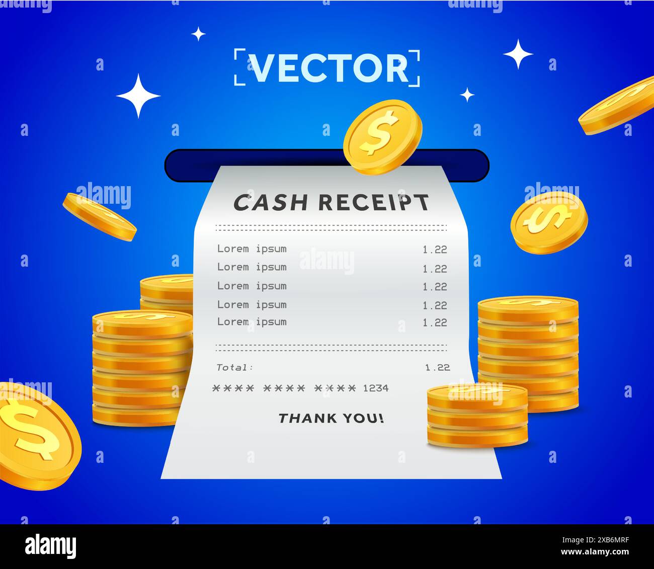 3d printing receipt or bill from POS machine with stack of golden coins ...