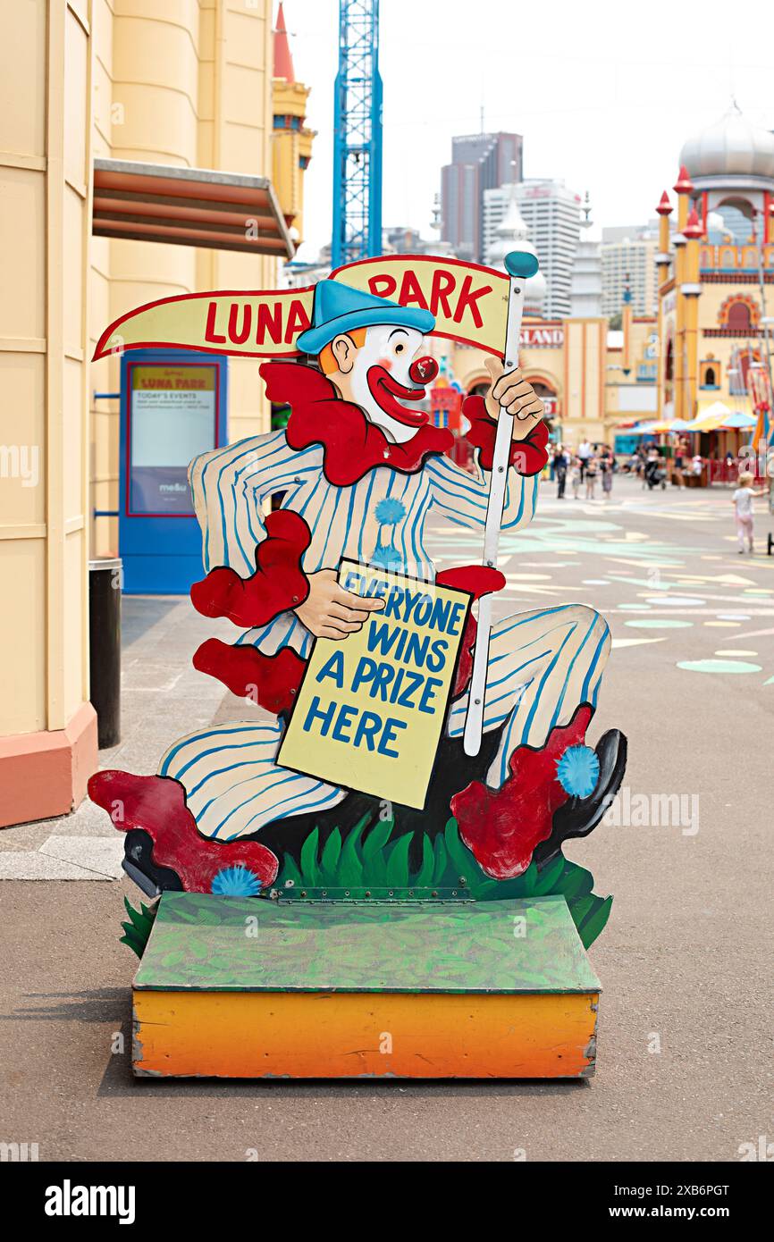 Colourful retro clown sign at entrance to Luna Park, Milsons Point ...