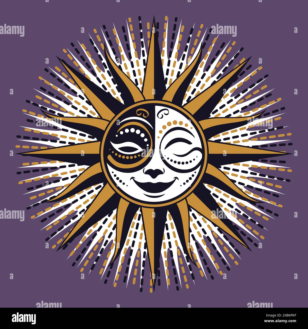 Abstract decorative sun with face in ancient style in dark blue, dark ...