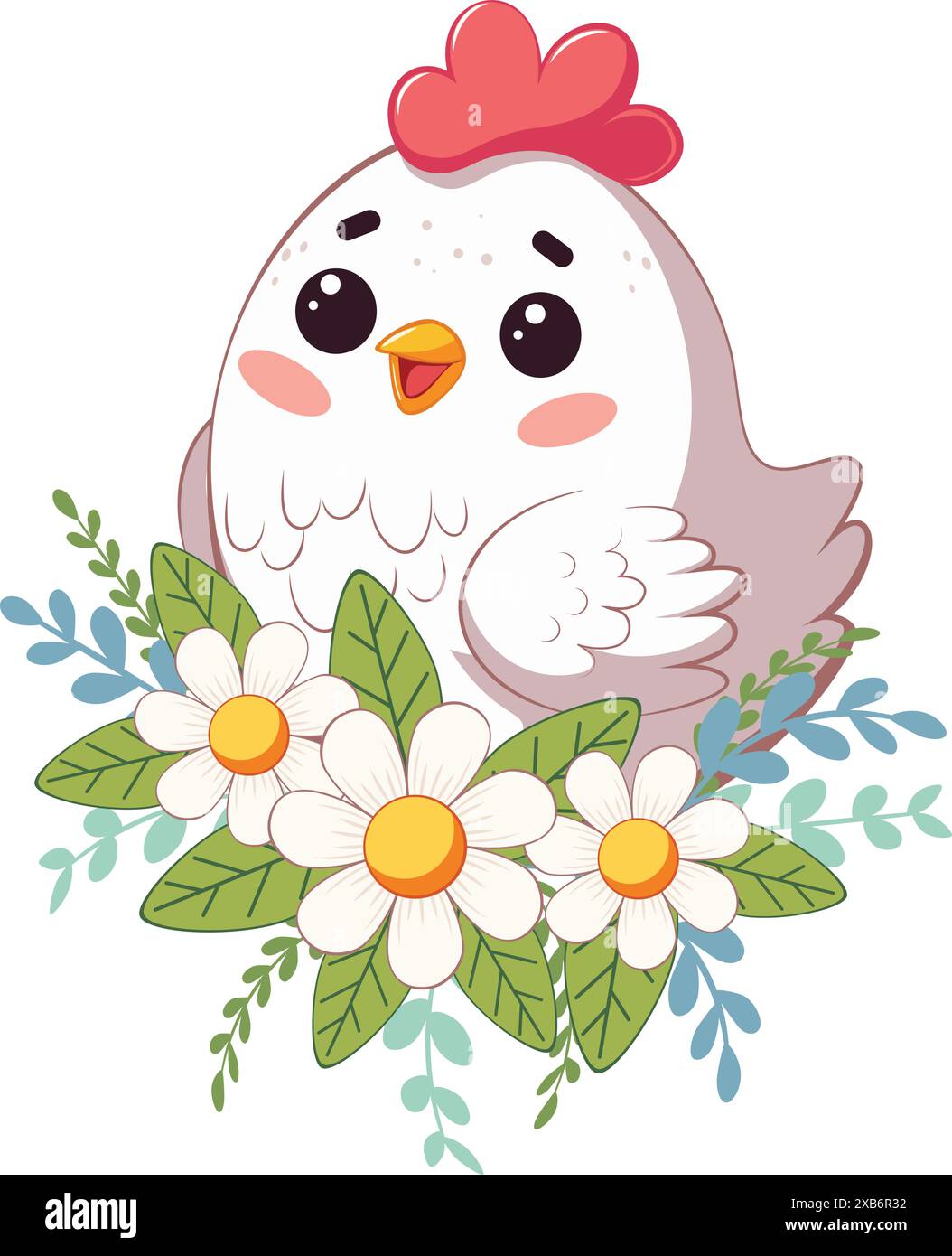 Cute cartoon white chicken, happy kawaii hen illustration Stock Vector ...