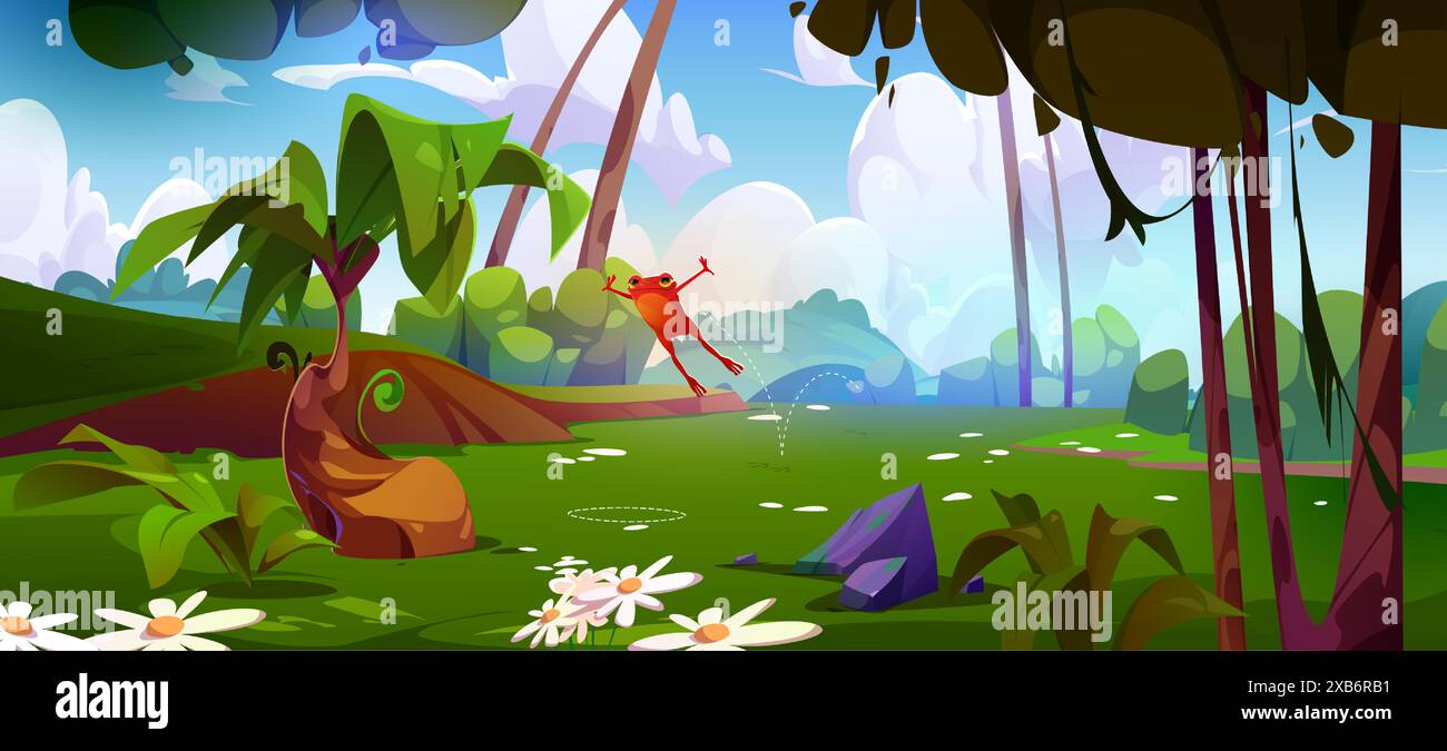 Cute red frog with smiling face and yellow eyes jump in forest with ...