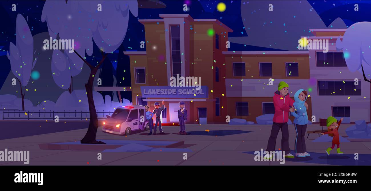 Young family with kid girl standing smiling while police officers ...