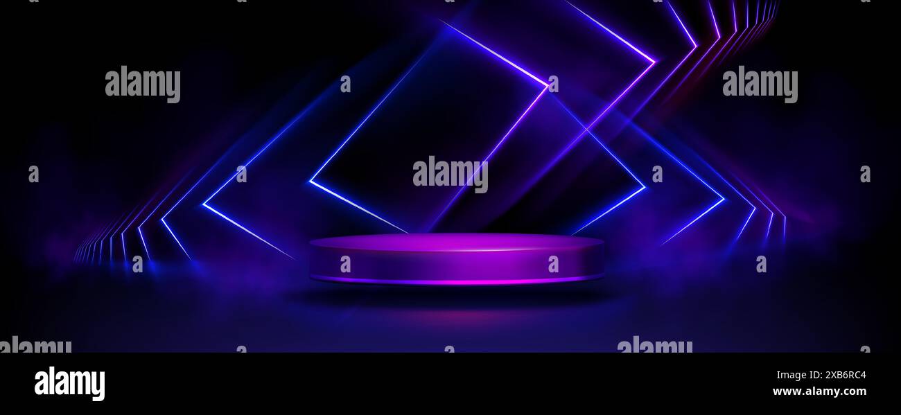 Cylinder flying podium with neon glowing abstract geometric shapes on ...