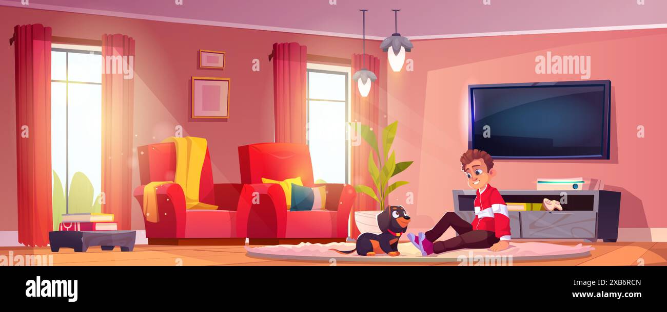 Kid boy sitting on floor of living room and playing with little dog of ...
