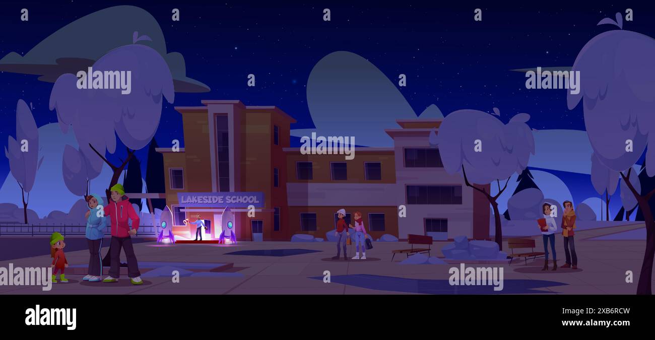 Scared people looking at crazy scientist in school yard. Vector cartoon ...