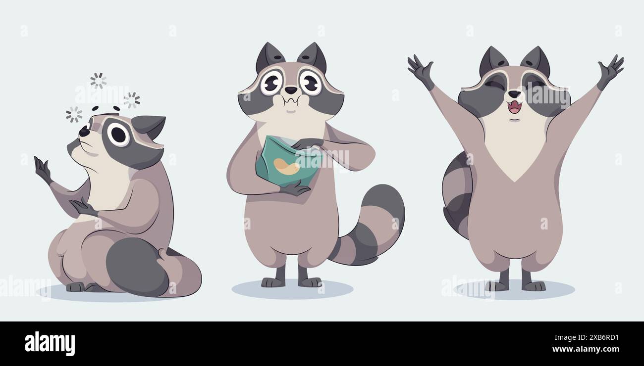 Cute racoon cartoon character in different poses. Vector funny wild ...