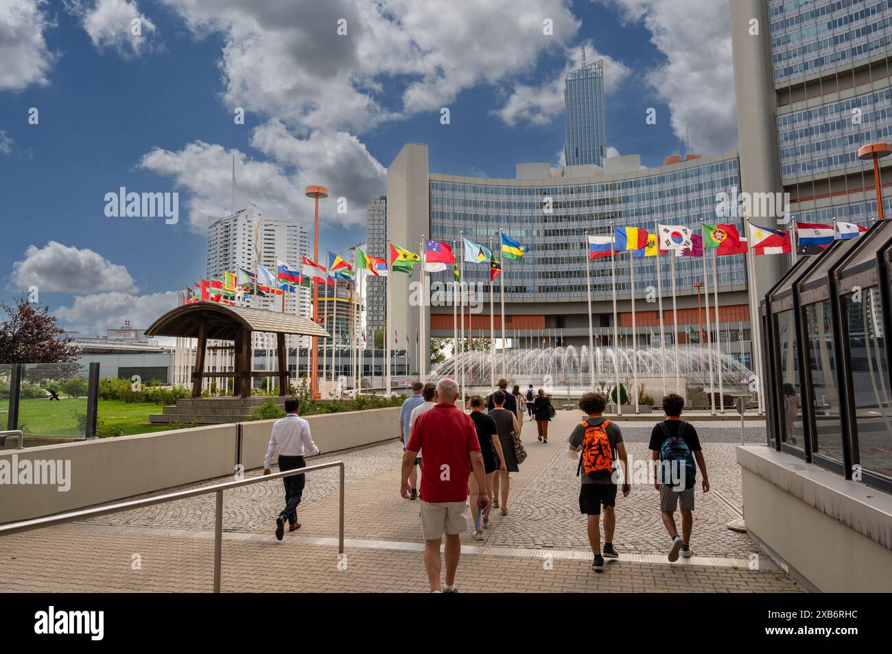 Vienna, Austria, August 17,2022. United Nations headquarters. Flags fly ...