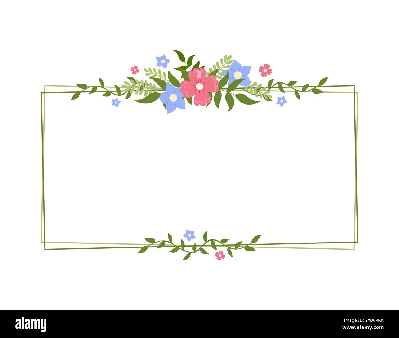 Rectangular floral frame with cute flowers and leaves. Decorative ...