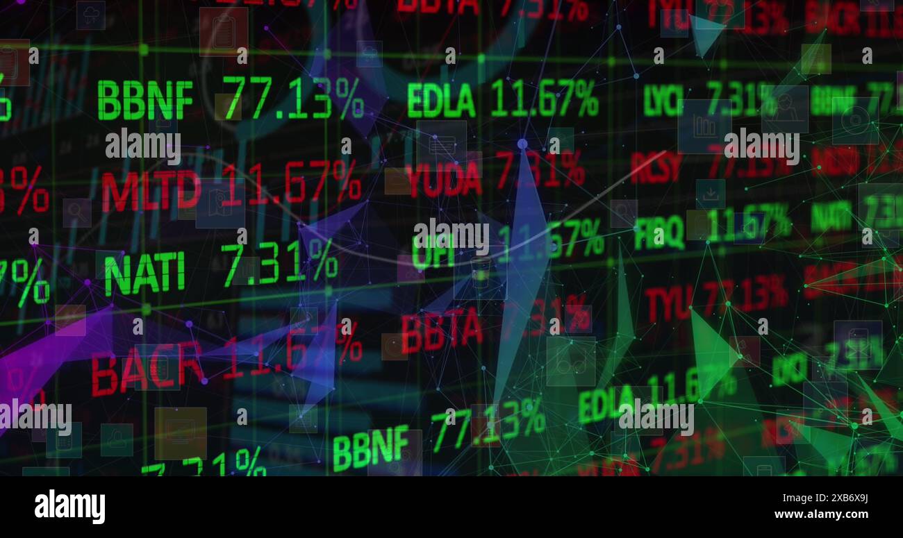 Stock market data with various ticker symbols and percentages displayed ...