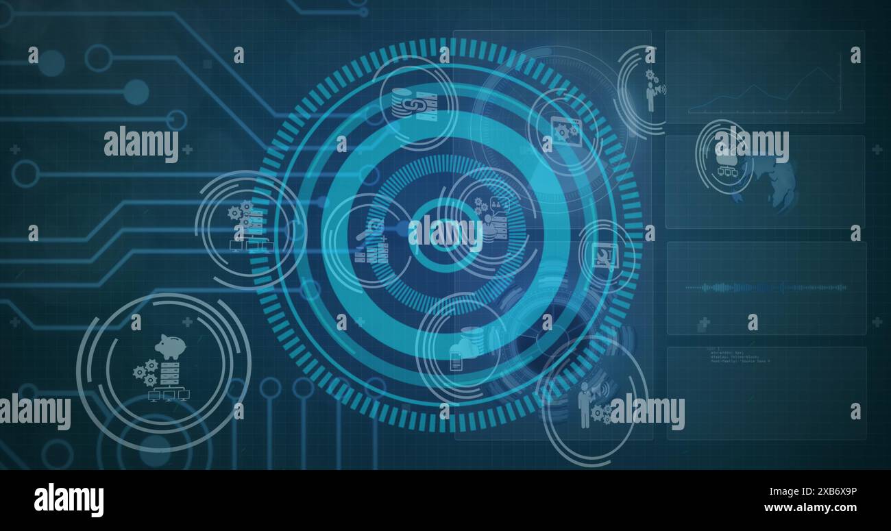Digital interface with various icons and graphs displayed on blue ...