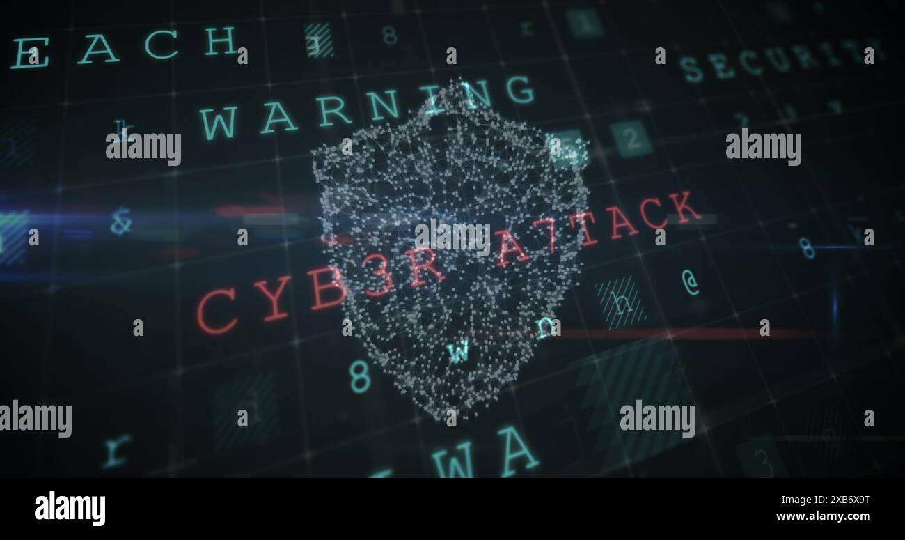 Digital shield graphic with CYBER ATTACK warning text displayed on screen Stock Photo - Alamy