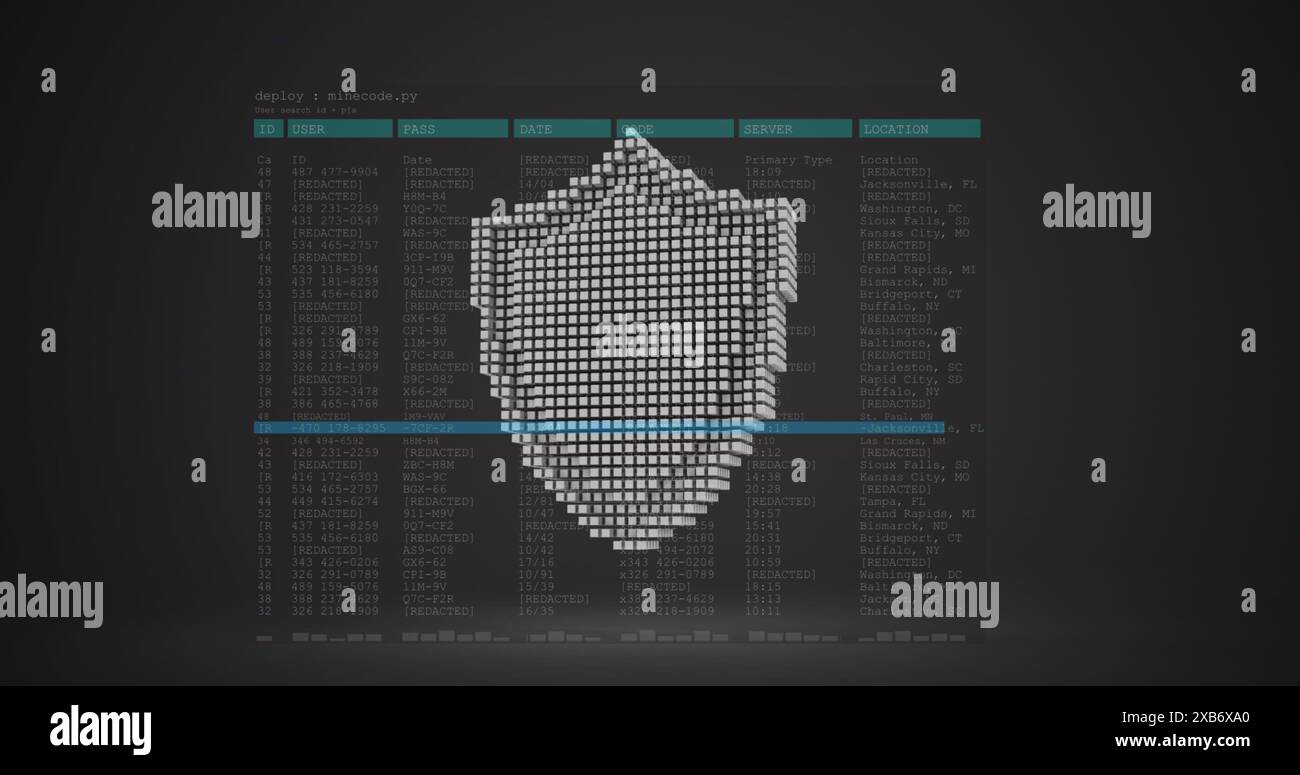 A digital shield made of pixelated blocks is displayed on dark screen ...