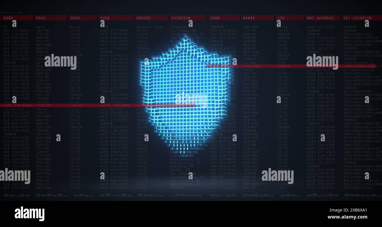 A digital shield icon is displayed on screen filled with various codes ...