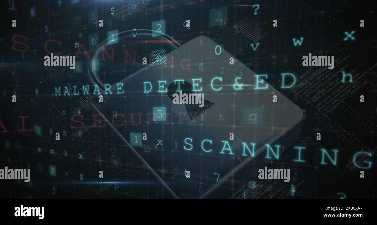 Digital lock icon with Malware Detected text overlaying dark, code-filled background Stock Photo ...