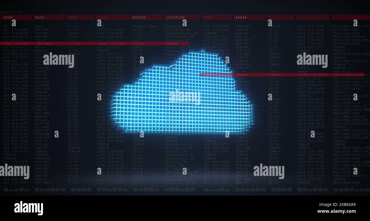 A glowing blue cloud icon is displayed against dark background filled ...