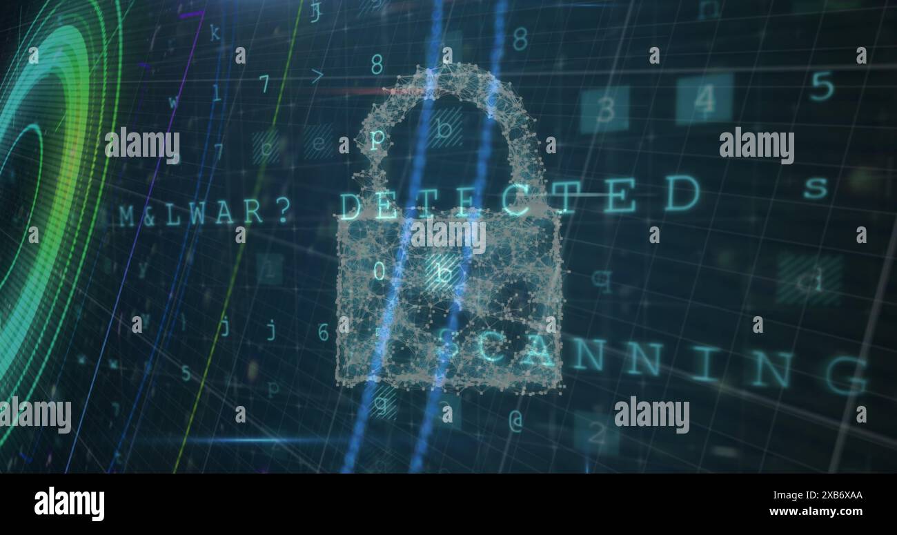 Digital lock icon with text Malware Detected and Scanning on dark background Stock Photo - Alamy