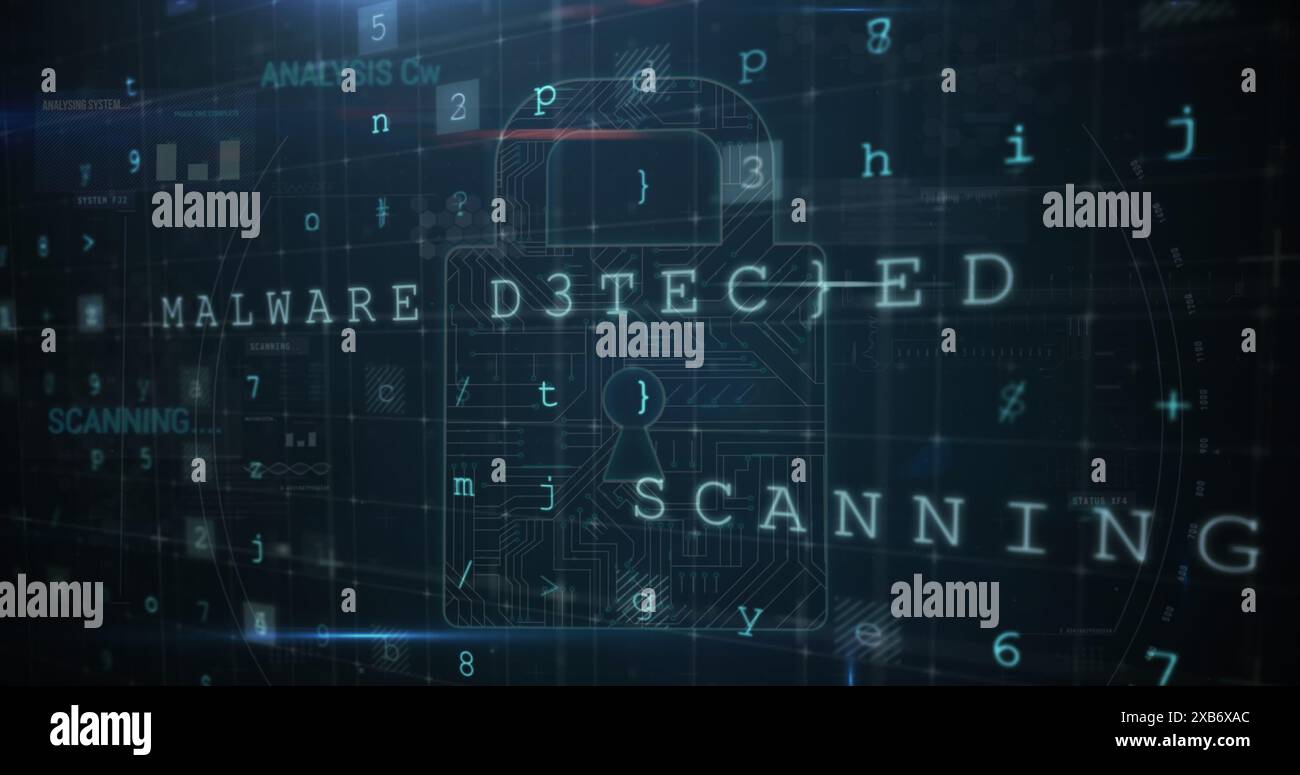 Digital screen displaying MALWARE DETECTED with various codes and ...