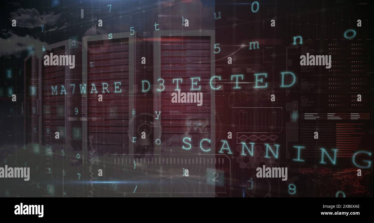 Digital interface showing Malware Detected and Scanning text overlaying server racks Stock Photo ...