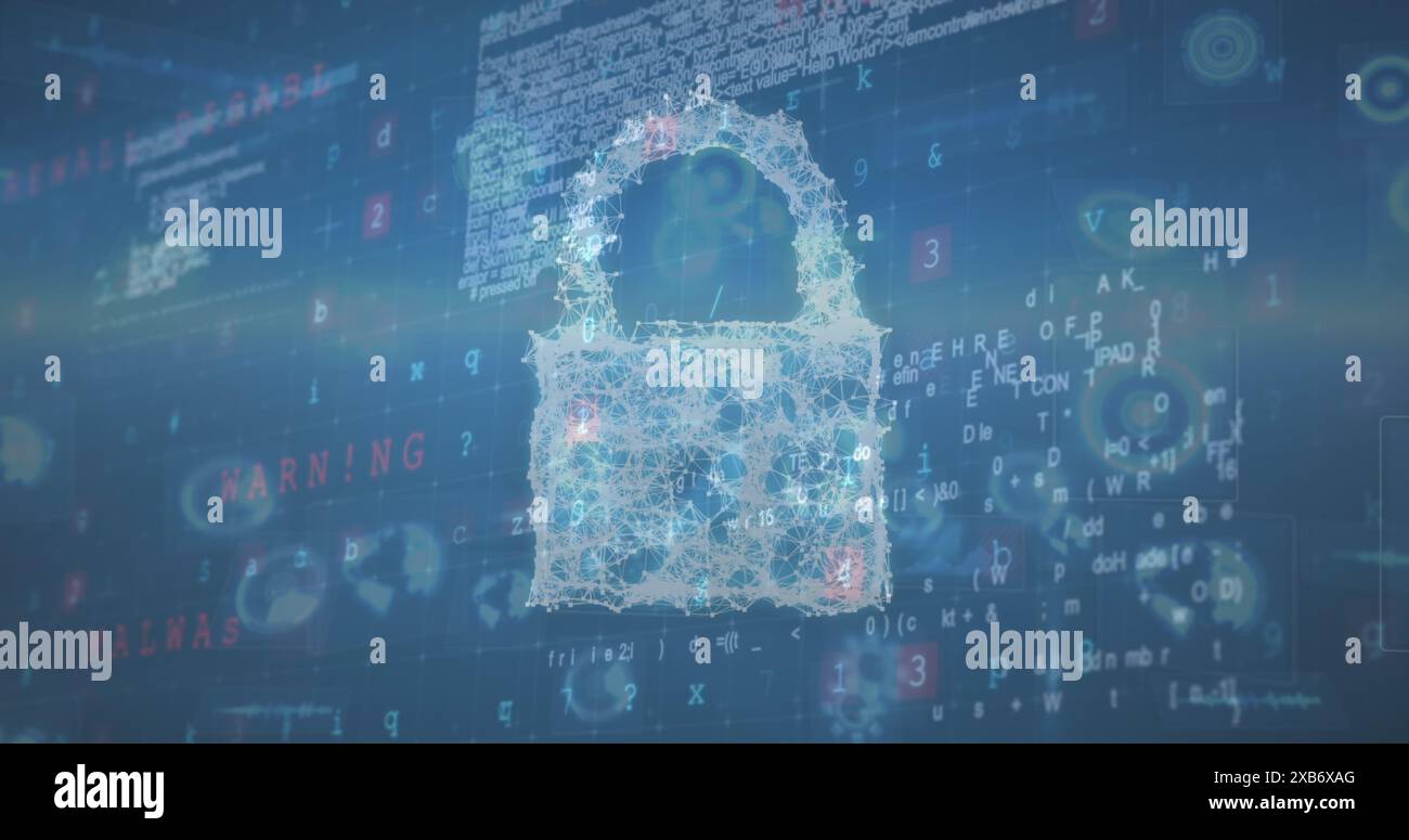 Digital lock icon surrounded by code and warning messages Stock Photo - Alamy
