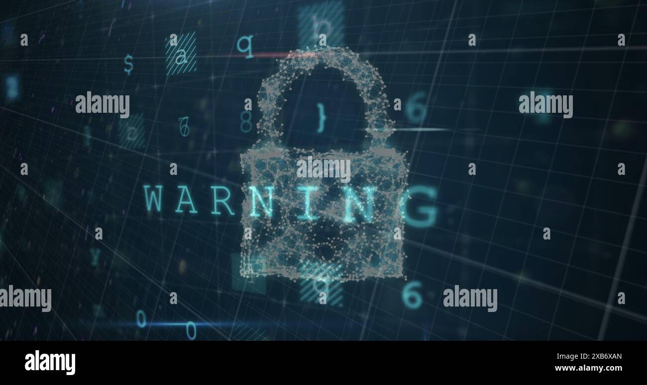 Digital lock icon with WARNING text appears on futuristic screen Stock ...