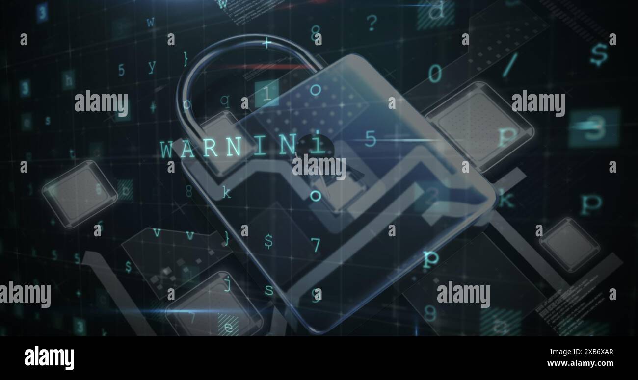 Digital lock icon with warning text overlaying dark background filled with code and numbers ...