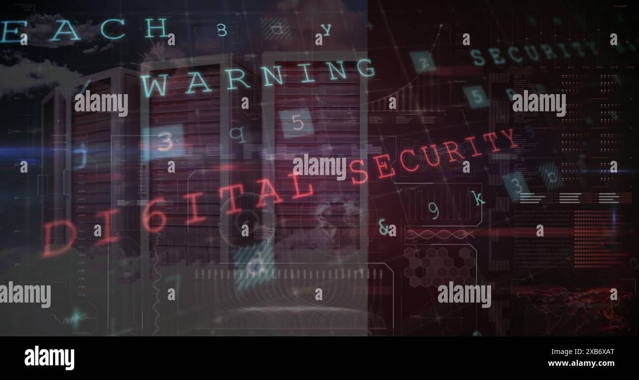 Digital security warning text is displayed on screen with a dark, futuristic background Stock ...