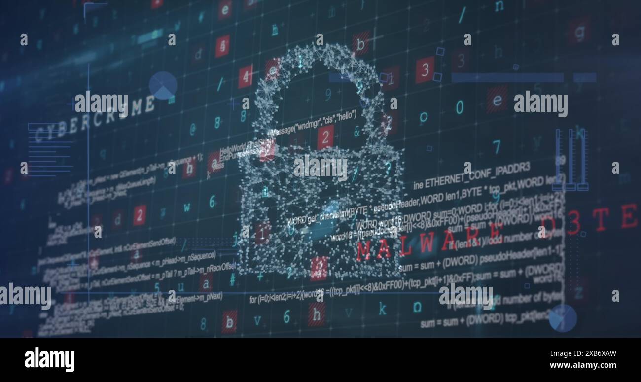 Digital code and graphics representing cybercrime and malware displayed ...