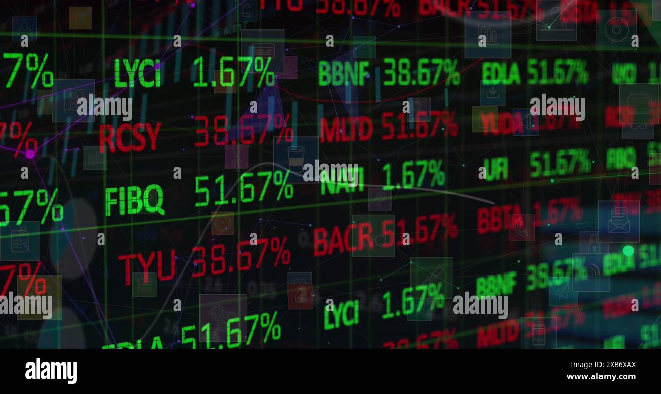 Stock market data with various ticker symbols and percentages displayed ...