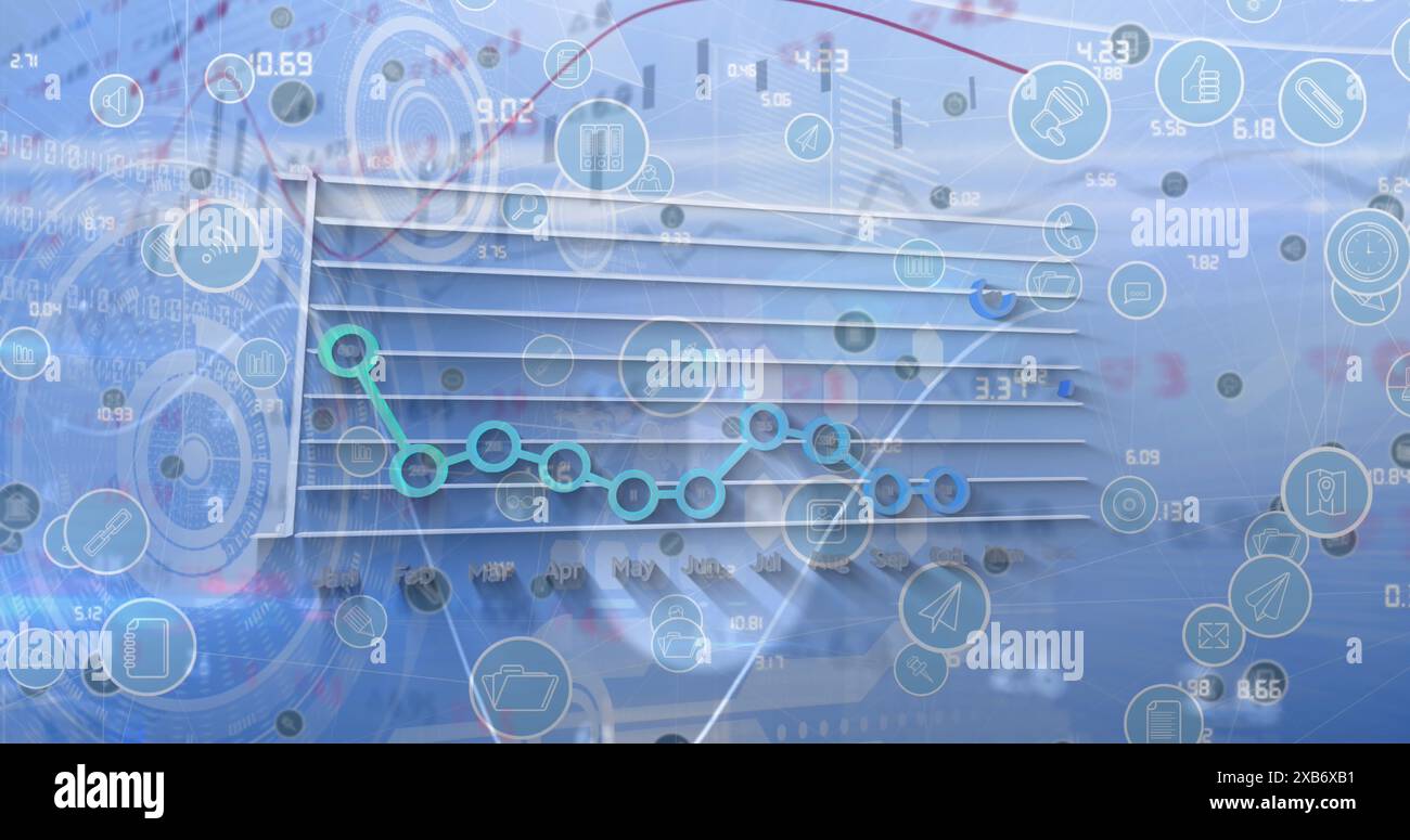 Digital data visualization with various icons and graphs overlaying ...