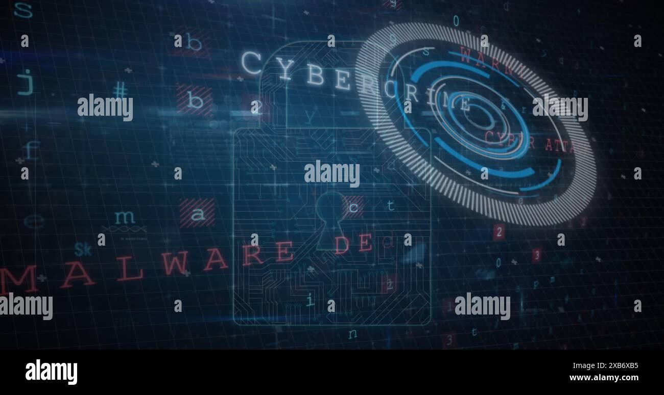 Digital interface showing cybersecurity elements, including lock and malware detection text ...