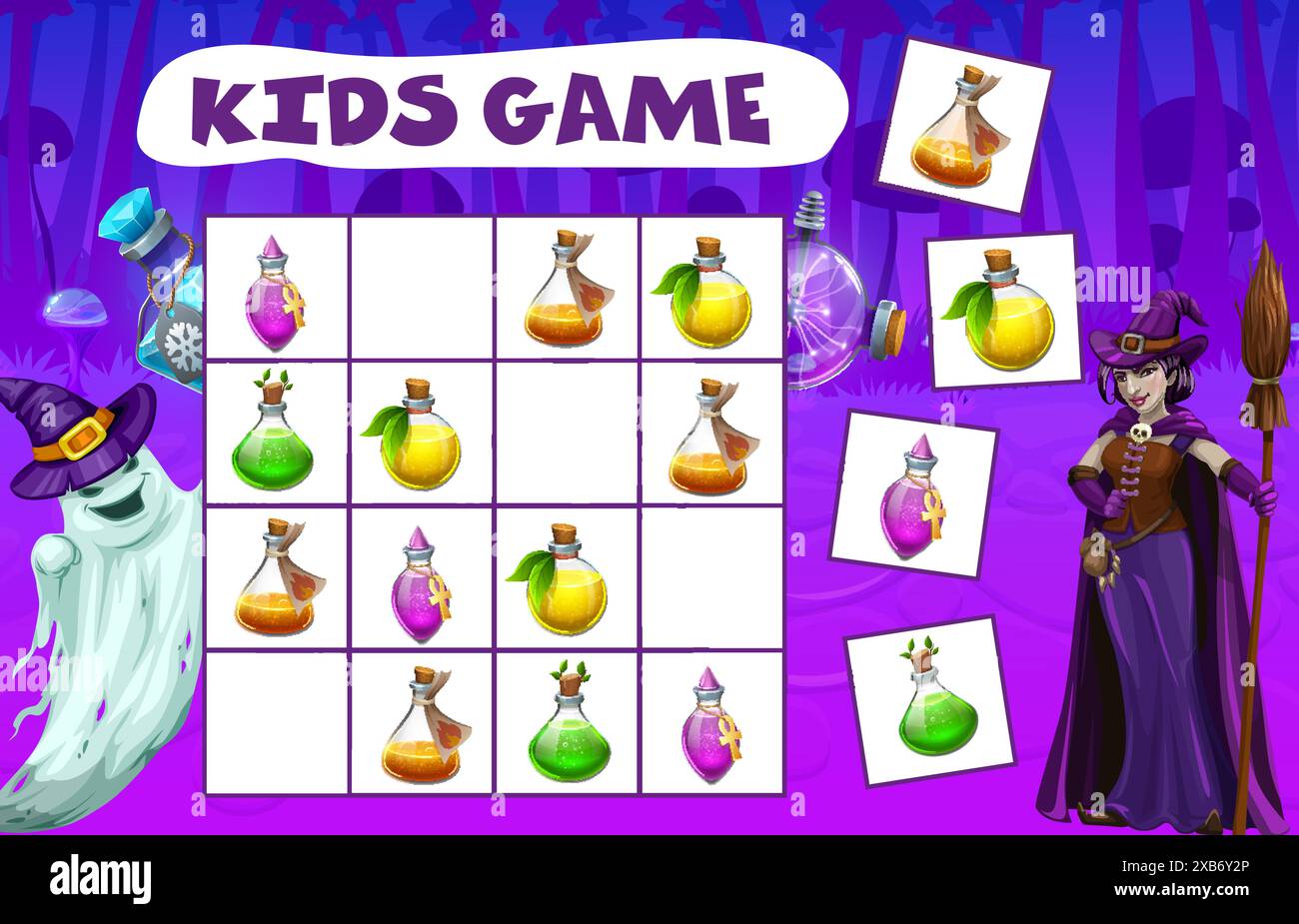 Halloween maze game with potion bottles. Sudoku riddle for kids ...