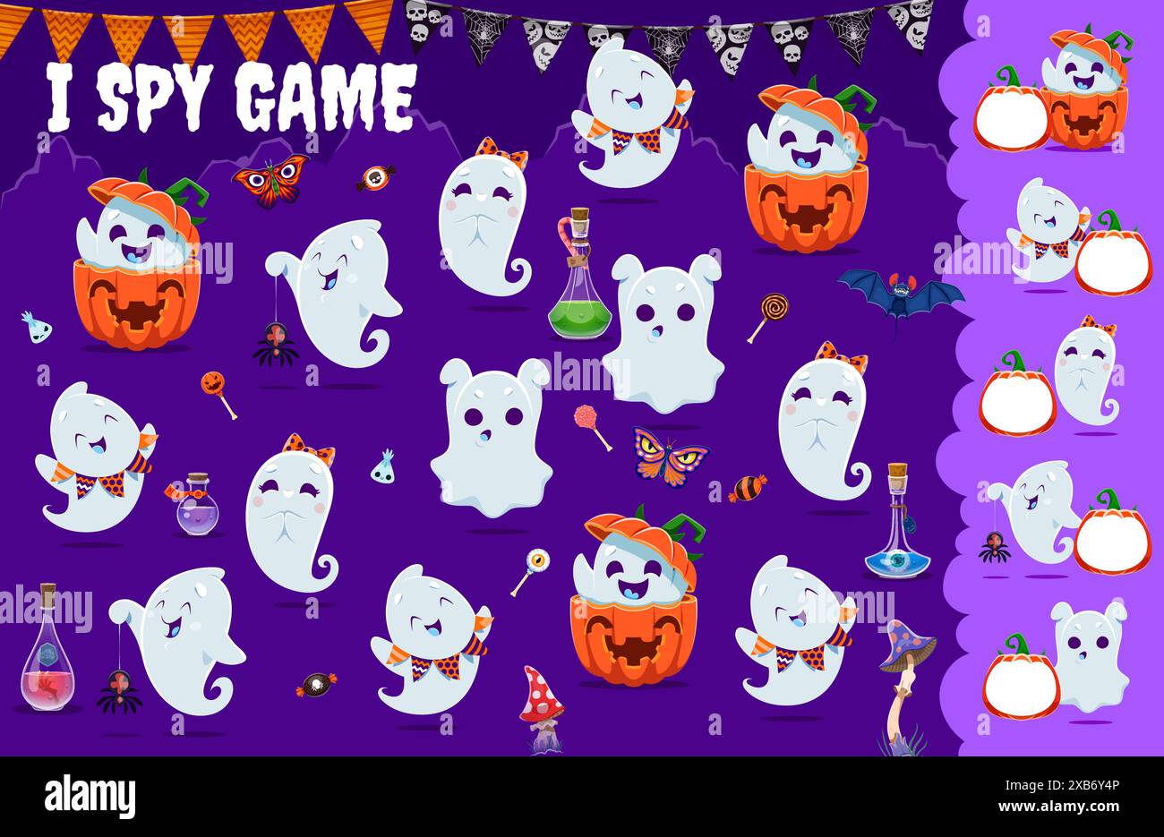 I spy game, cute Halloween kawaii ghost characters. Object finding ...