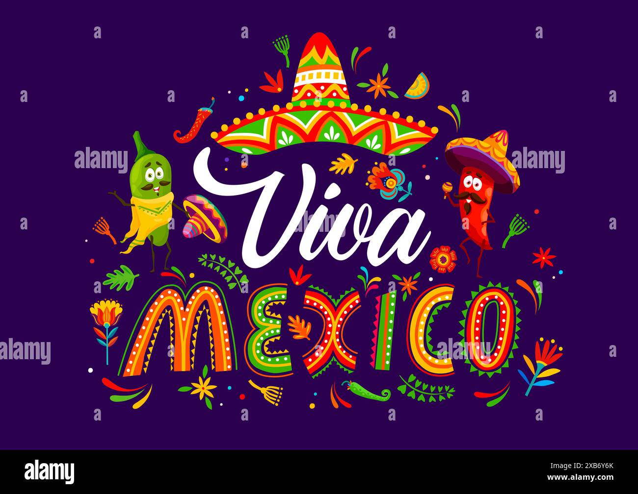 Viva Mexico banner with colorful, festive decorations, cartoon chili ...